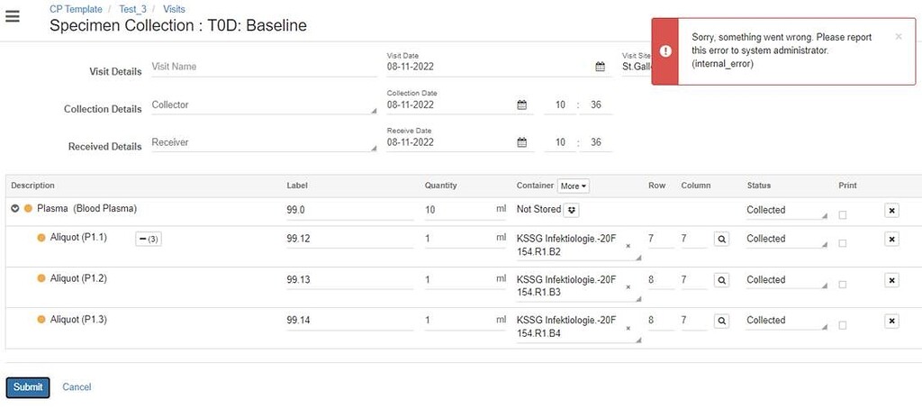 OpenSpecimen Collection Error - Technical Questions - OpenSpecimen Forums